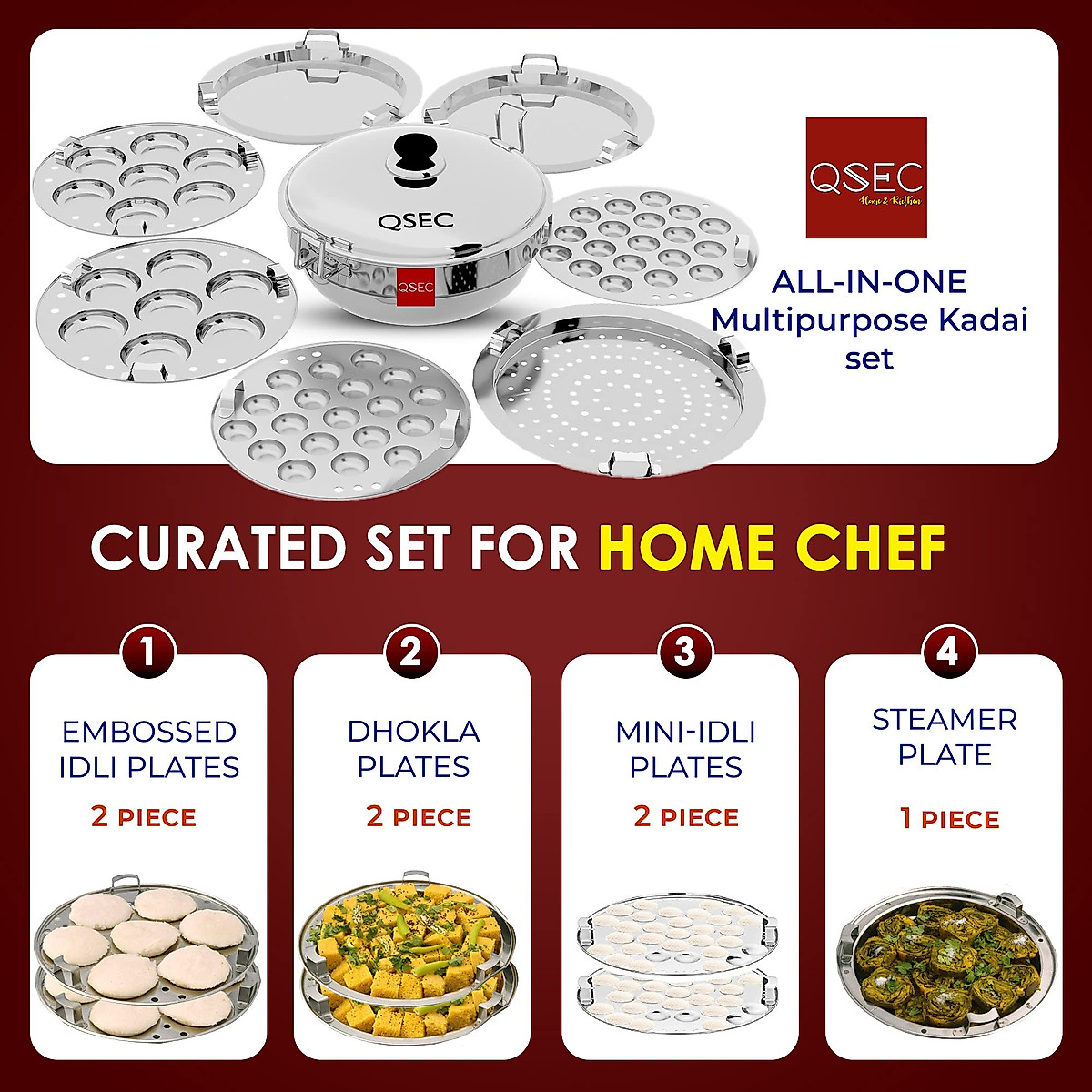 QSEC Stainless Steel Induction Base Idli Maker Multi Kadai Idli Steamer & Idli Cooker With 7 Plates | 2 Mini Idli | 2 Idli | 2 Dhokla | 1 Momo, 4 Literâ€¦