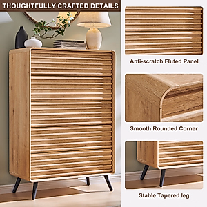 RedLemon 5 Drawers Dresser for Bedroom, 48'' Tall Mid Century Modern Wood Fluted Dresser for Bedroom, Living Room (Natural Oak)