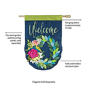 Evergreen Welcome Spring Floral Wreath House Size Flag | Double Sided & 3D Applique Stitching Burlap | Blue Green Pink | 44-in x 28-in | Outdoor Home Décor Lawn Yard Patio Deck Porch
