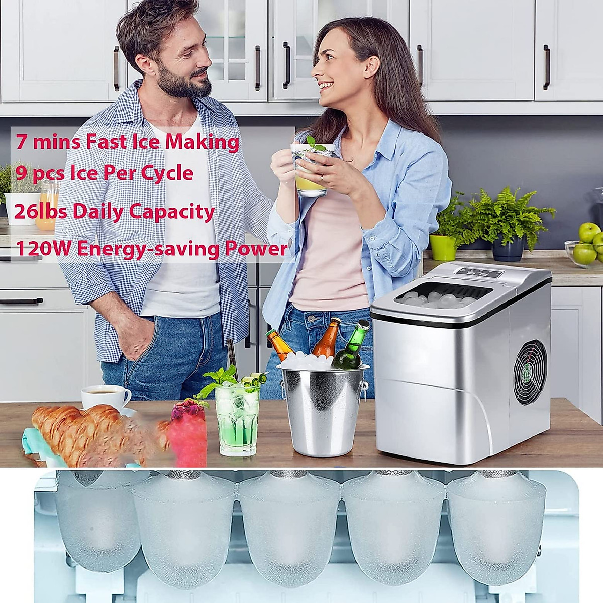 VineVoice Ice Maker, Ice Maker Machine Countertop with Ice Scoop & Basket, 26lbs/24h, 9 Ice Cubes Ready in 6 Min, Automatic PortableIce Cube Maker for Home Kitchen Bar Party, Silver