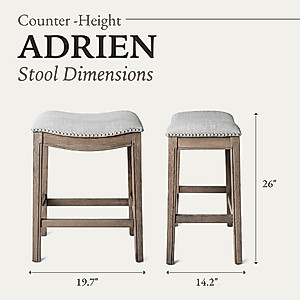Maven Lane Adrien 26 Inch Counter Height Upholstered Backless Saddle Barstool in Reclaimed Oak Finish with Ash Grey Fabric Cushion Seat, Set of 3