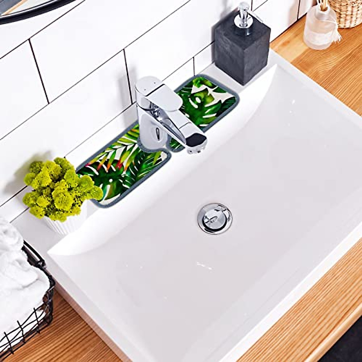 Kitchen Faucet Mats 2 Pieces Jungle Tropical Plam Leaf Faucet Sink Splash Guard Bathroom Counter and RV,Absorbent Faucet Counter Sink Water Stains Preventer