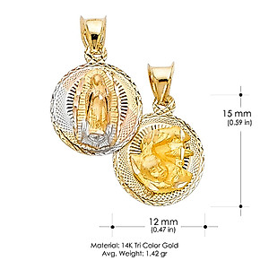 Ioka 14K Tri Color Gold Diamond Cut Double Side Stamp Virgin Mary Baptism Charm Pendant with 1.5mm Valentino Chain Necklace - 18"
