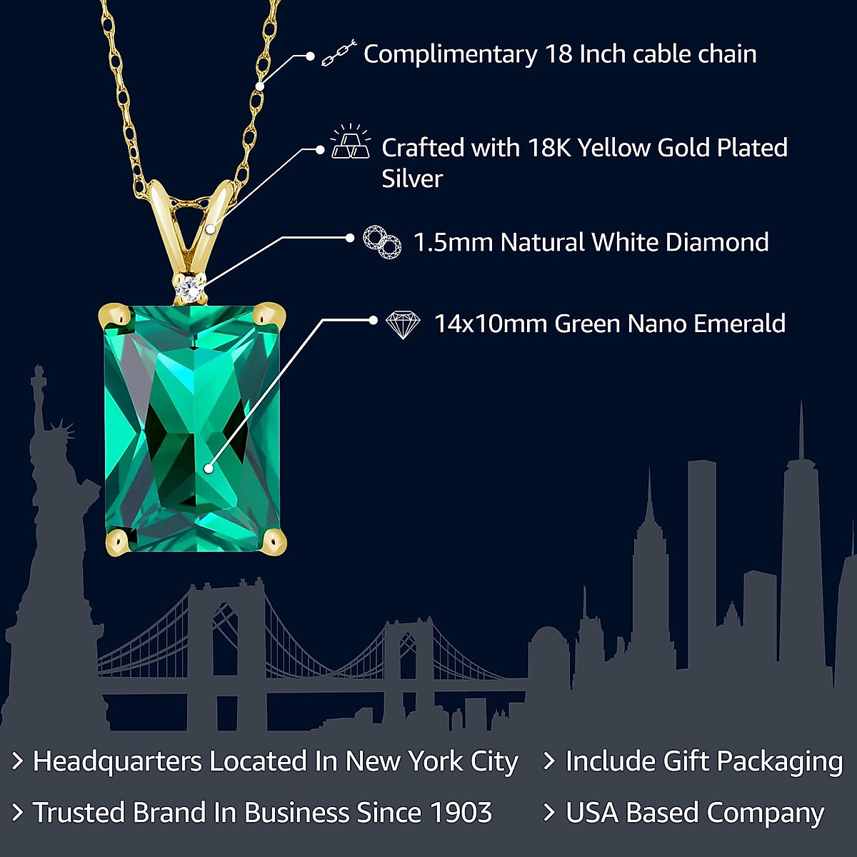 Gem Stone King 18K Yellow Gold Plated Silver Green Nano Emerald and White Diamond Pendant Necklace For Women (6.52 Cttw, Gemstone May Birthstone, Emerald Cut 14X10MM, with 18 Inch Silver Chain)