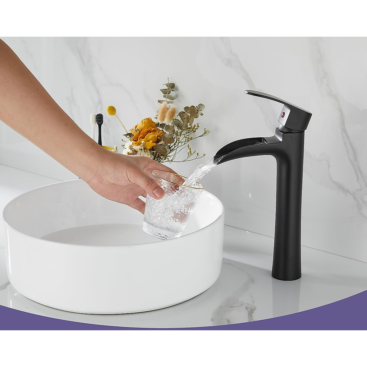 Arkosdex Modern Bathroom Vessel Sink Faucet, Tall Waterfall Bathroom Faucets, Single Handle Lavatory Vanity Faucet for Bowl Sink, 1 Hole Bath Tap with Pop Up Drain & Water Lines, Brass, Matte Black