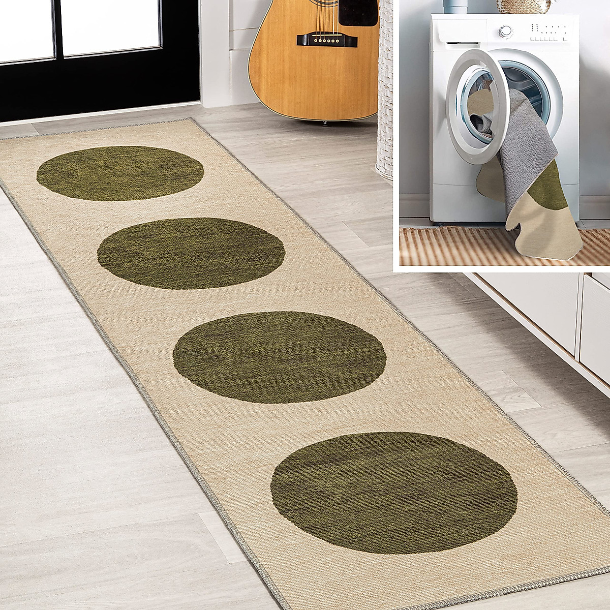 JONATHAN Y WSH113C-28 Cirkel Minimalist Geometric Dot Machine-Washable Indoor Runner-Rug, Scandinavian, Modern, Bohemian Easy-Cleaning,Bedroom,Kitchen,Living Room,Non Shedding, Cream/Green, 2 X 8