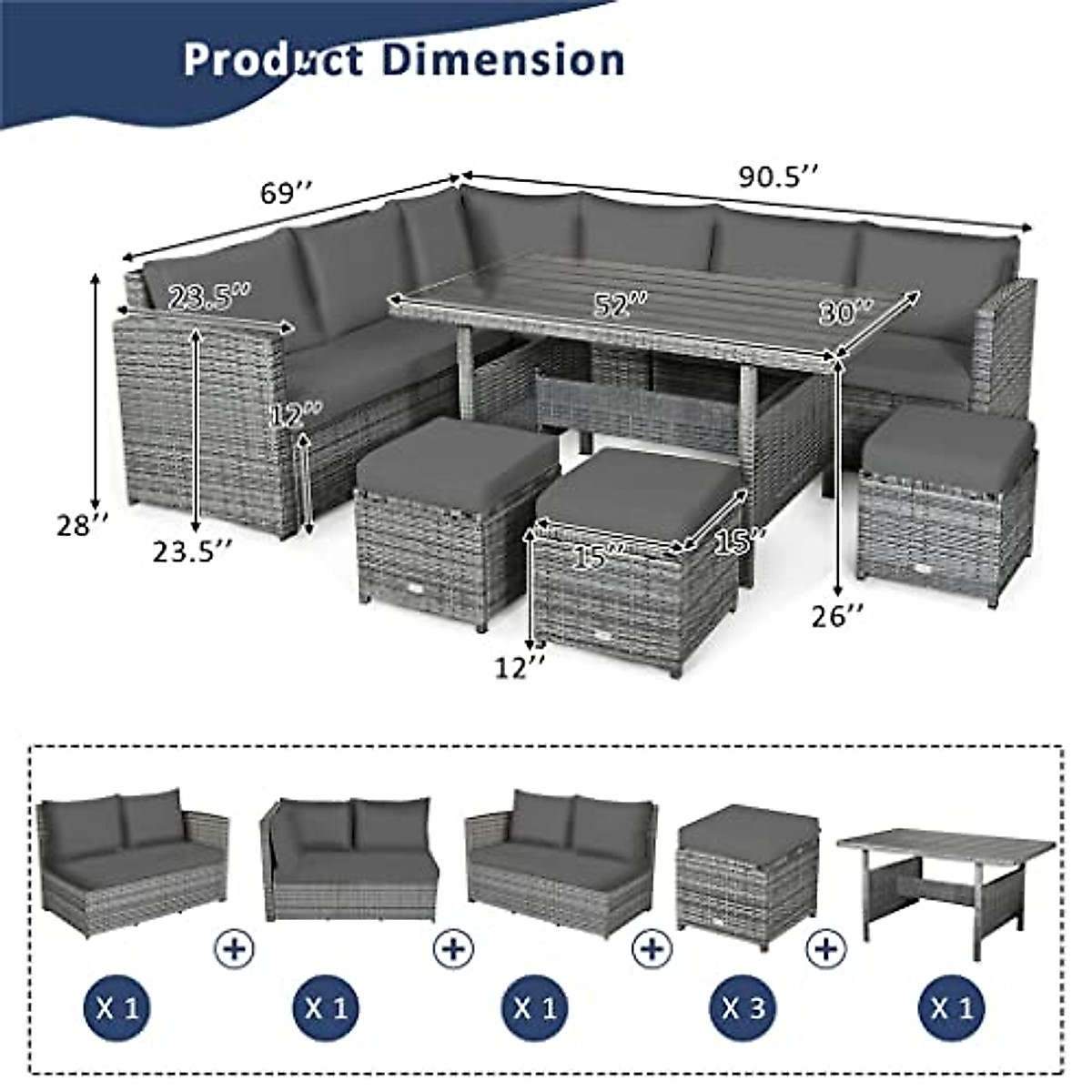 NICEDAYFY 7 PCS Patio Rattan Dining Set Sectional Sofa Couch Ottoman Garden Gray for Yard, Patio, Poolside, Porch, Etc