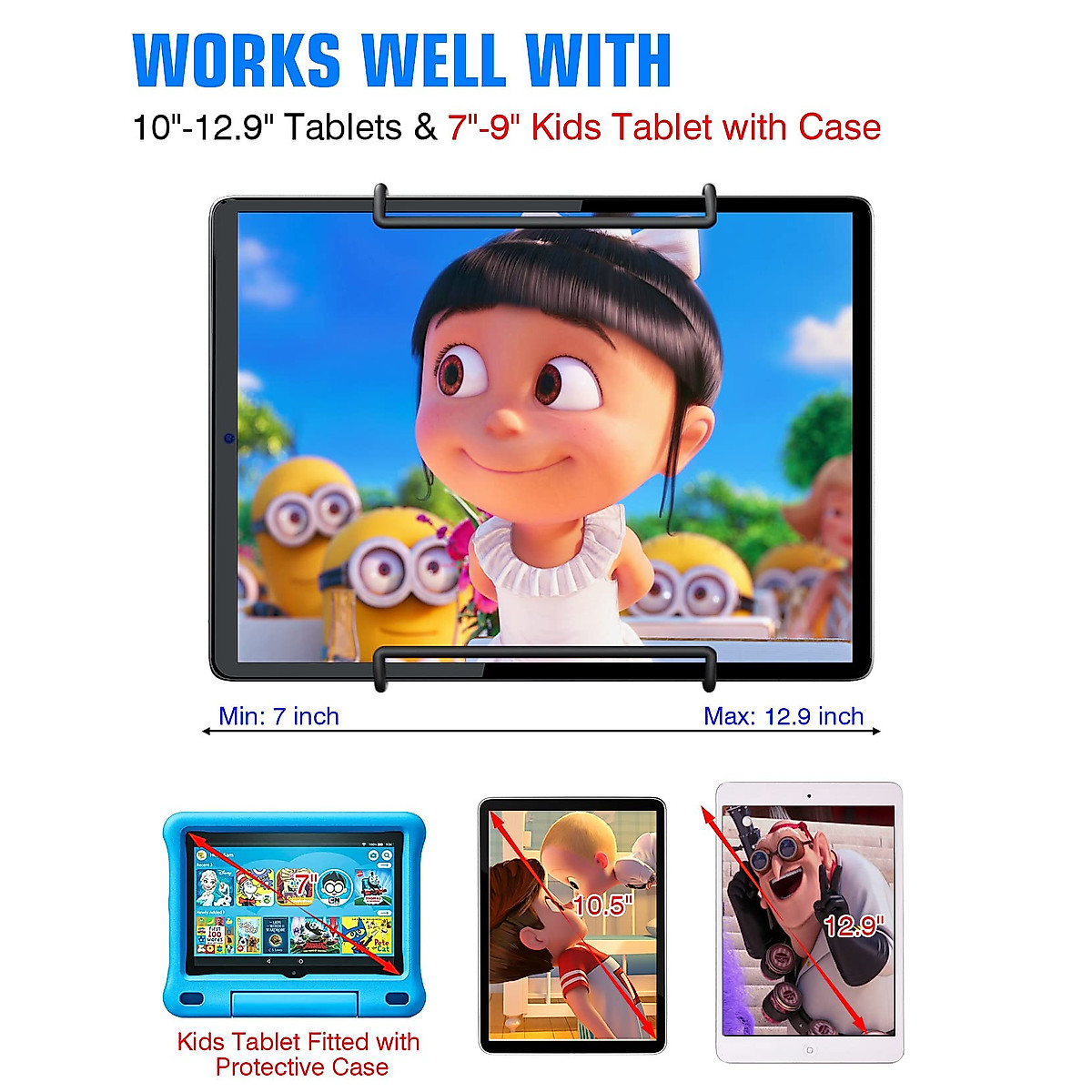 WONNIE Upgrade Tablet Holder for Car, Car Headrest Mount Holder for Back Seat, Car Tablet Mount for Kids with Silicone Strap & Anti-Slip Holding Clamps, Fits All 10-12.9" Tablets