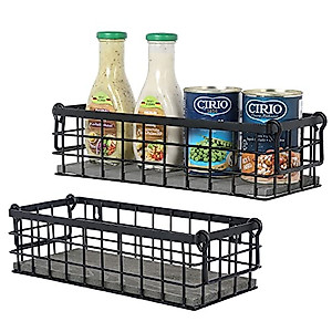 MyGift Decorative Storage Baskets with Handles, Black Metal Wire and Vintage Gray Wood Rectangular Wall Baskets, Set of 2