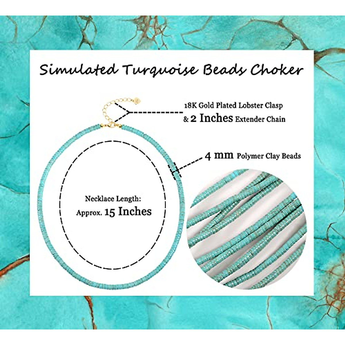 Aobei Pearl Simulated Turquoise Choker Blue Clay Seed Beads Necklace Bohemian Jewelry for Women 15”