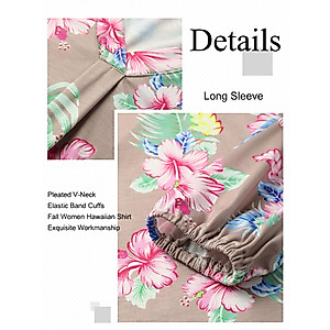 ZXZY Womens Hawaiian Shirt Vintage Leaf Floral Printed Tropical Tops V Neck Puff Long Sleeves Shirts Coffee