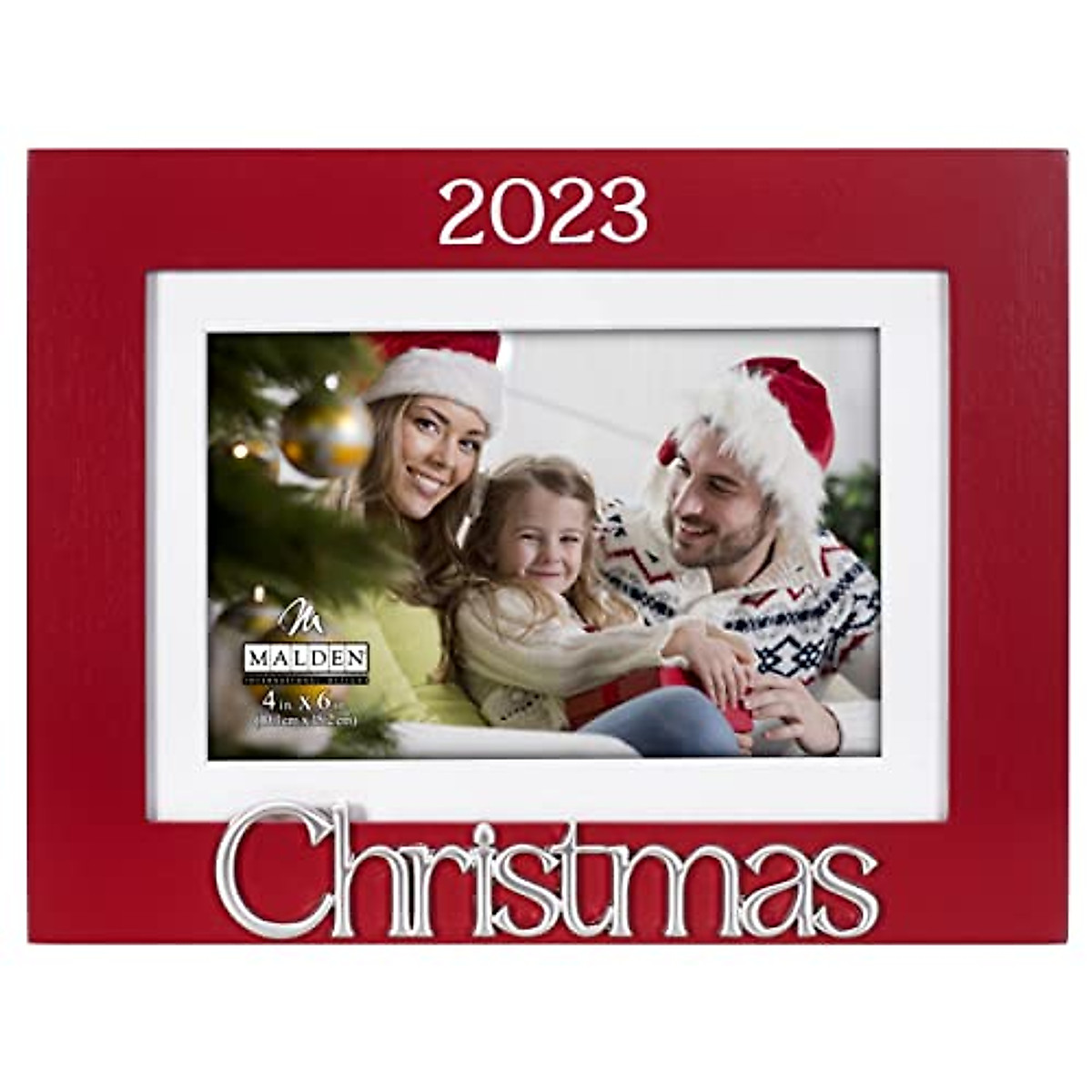Malden International Designs 4x6 or 5x7 2023 Matted Christmas Picture Frame Silver Finish Christmas Word Attachment Red Wood MDF Frame White Beveled Mat, Black