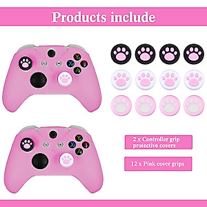 Chalyna 14 Pcs Controller Skins Anti-Slip Accessories Set Silicone Cover Protector Case Compatible with Xbox One/S/X Controller Wireless/Wired Gamepad Joystick with 12 Cat Paw Thumb Grips (Pink)
