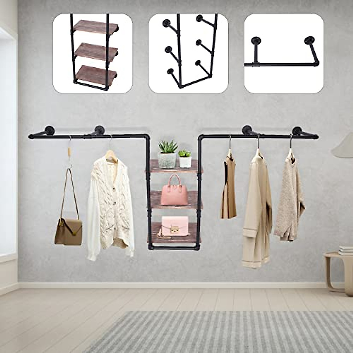 VPABES Wall Mounted Clothing Storage Rack 3 Tiers Industrial Pipe Rustic Garment Hanging Bar Space-Saving Wooden Shelves Book Plant Retail Display Shelf for Boutique Store