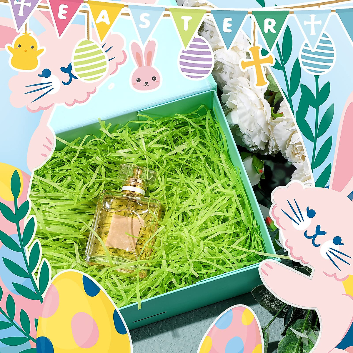 Zonon 10.6 oz/ 300 g Easter Basket Grass Filler Paper Easter Basket Stuffing Grass Bulk Shredded Tissue Easter Grass Gift Filler for Easter Egg Basket Stuffer Party Supplies DIY Candy Package (Green)