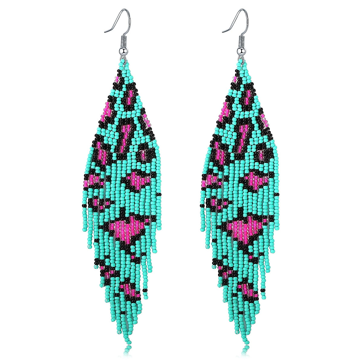 CALORVIA Boho Big Long Tassel Beaded Dangle Earrings Leopard Handmade Bohemian Large Statement Fringe for Women (Teal Green)