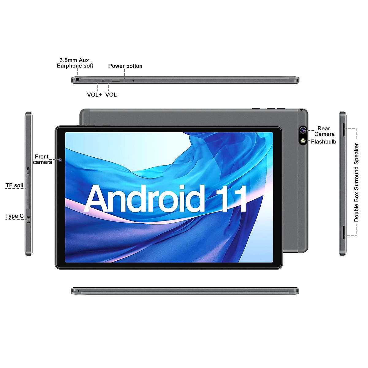 FACETEL 10 inch Tablet Android Tablet with Keyboard 2 in 1 Tablet 4GB RAM 64GB ROM TF 128 GB, 8000mAh, FHD, Dual Camera, WiFi Bluetooth Tablet with Mouse, Grey