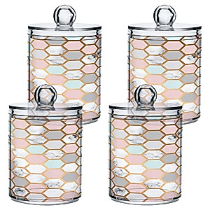 BOENLE 2 Pack Qtip Holder Dispenser Marble Rose Gold Pink Honeycomb Bathroom Storage Canister Lid Acrylic Plastic Apothecary Jar Set Vanity Makeup Organizer for Cotton Swab/Ball/Pad