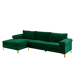 Casa Andrea Milano Modern Sectional Sofa L Shaped Velvet Couch, with Extra Wide Chaise Lounge and Gold Legs, Large, Emerald