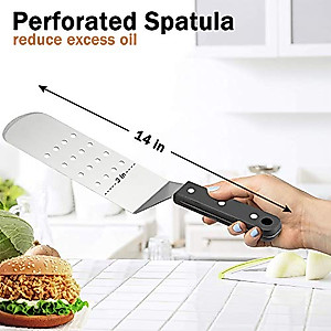 Metal Griddle Spatula, HaSteeL Stainless Steel Long Spatula with Riveted Handle, Heavy Duty Perforated & Solid Spatula Burger Turner for Teppanyaki BBQ Flat Top Grilling Cooking, Dishwasher Safe