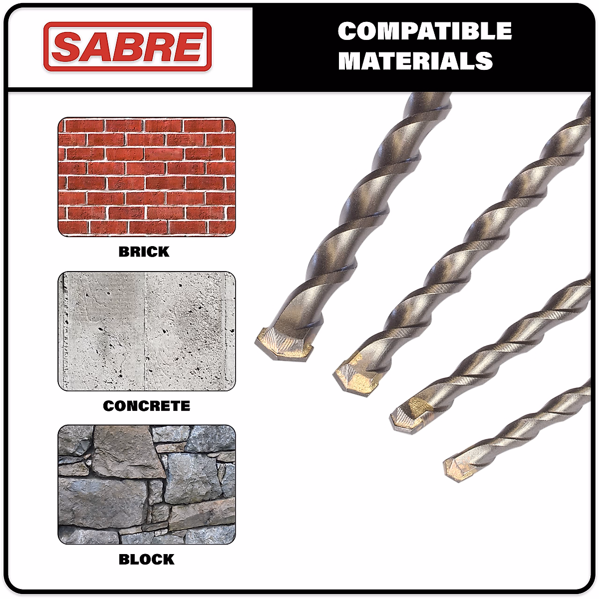 Sabre Tools 8-Piece 12in SDS Plus Drill Bits for Brick, Stone, Concrete, 1/4in x 12in, 5/16in x 12in, 3/8in x 12in, 1/2in x 12in, 5/8in x 12in, 3/4in x 12in, 7/8in x 12in, 1in x 12in (12" 8-Piece Set)