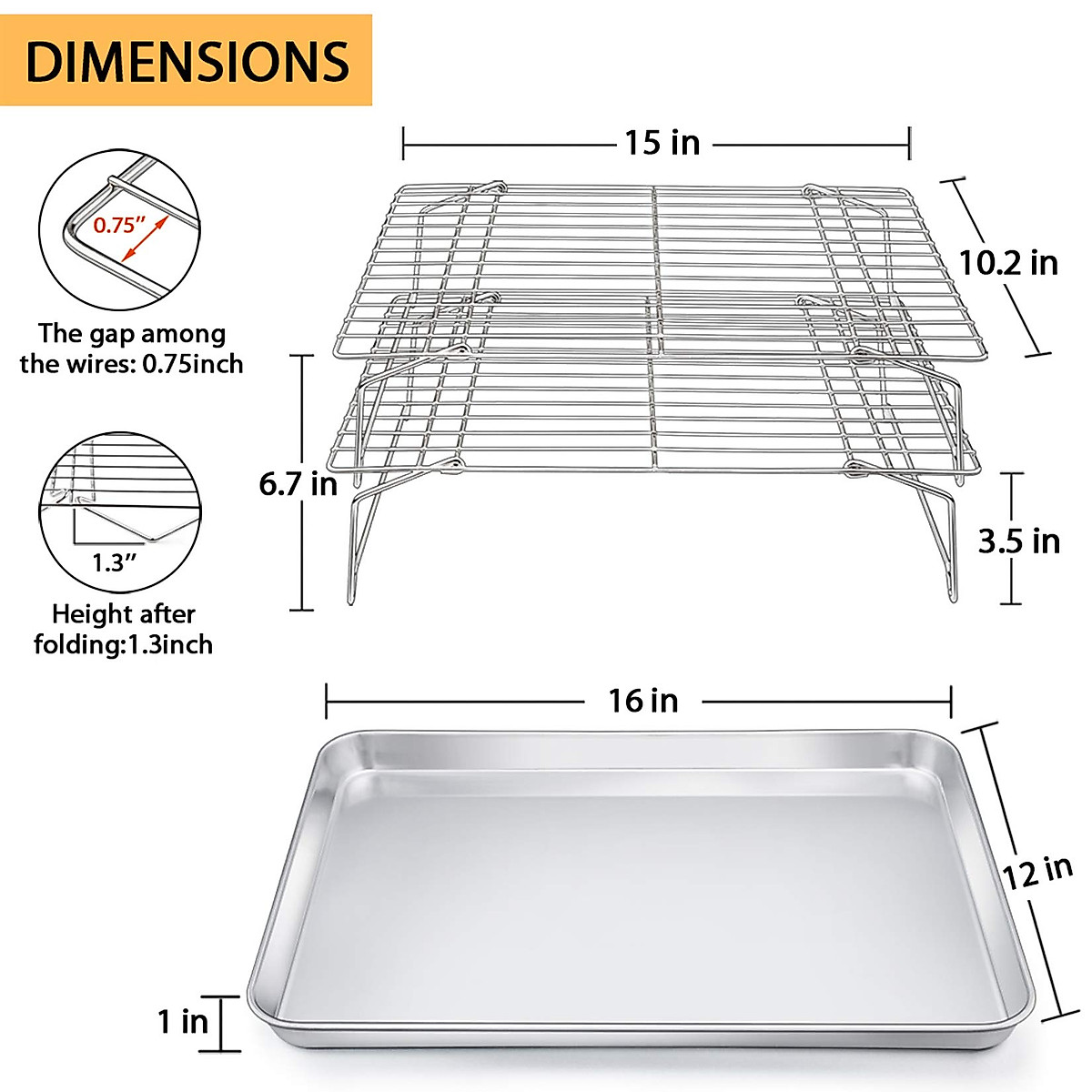 Baking Sheet and 2-Tier Cooling Racks Set, P&P CHEF Stainless Steel Baking Pan Tray with Stackable Cooking Wire Rack for Cookie Bacon Meat, Uncoated & Non-toxic, Mirror Finish& Dishwasher Safe - 3Pcs
