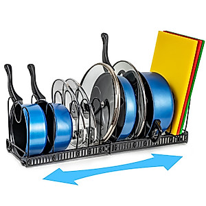 KLEVERISE 10 Dividers Expandable Pot Pan Organizer Rack Storage Under Cabinet– Heavy Duty Cast Iron Adjustable DIY Pot Pan Rack - Space Saving Pot Pan Lid Holders