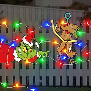 Christmas Fence Decorations Outdoor - 2pcs Green Gnome Stealing Lights Christmas Yard Decorations with LED String Lights for Tree Fence Yard Garden Lawn Christmas Outdoor Light Decor