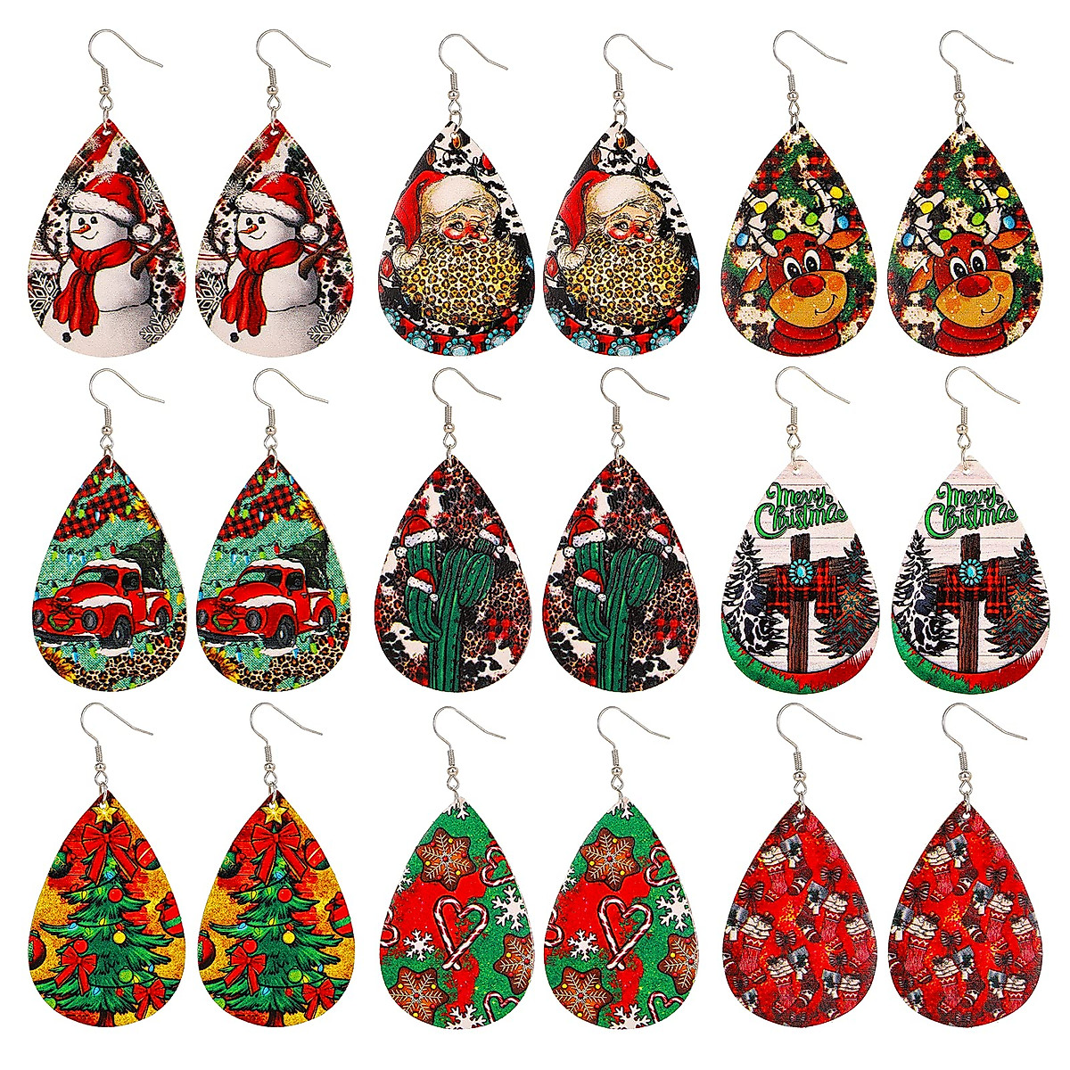 9 Pairs Christmas Earrings for Women, Lightweight Faux Leather Earrings Set Teardrop Dangle Xmas Earrings Christmas Trees Santa Snowflakes Earrings Christmas