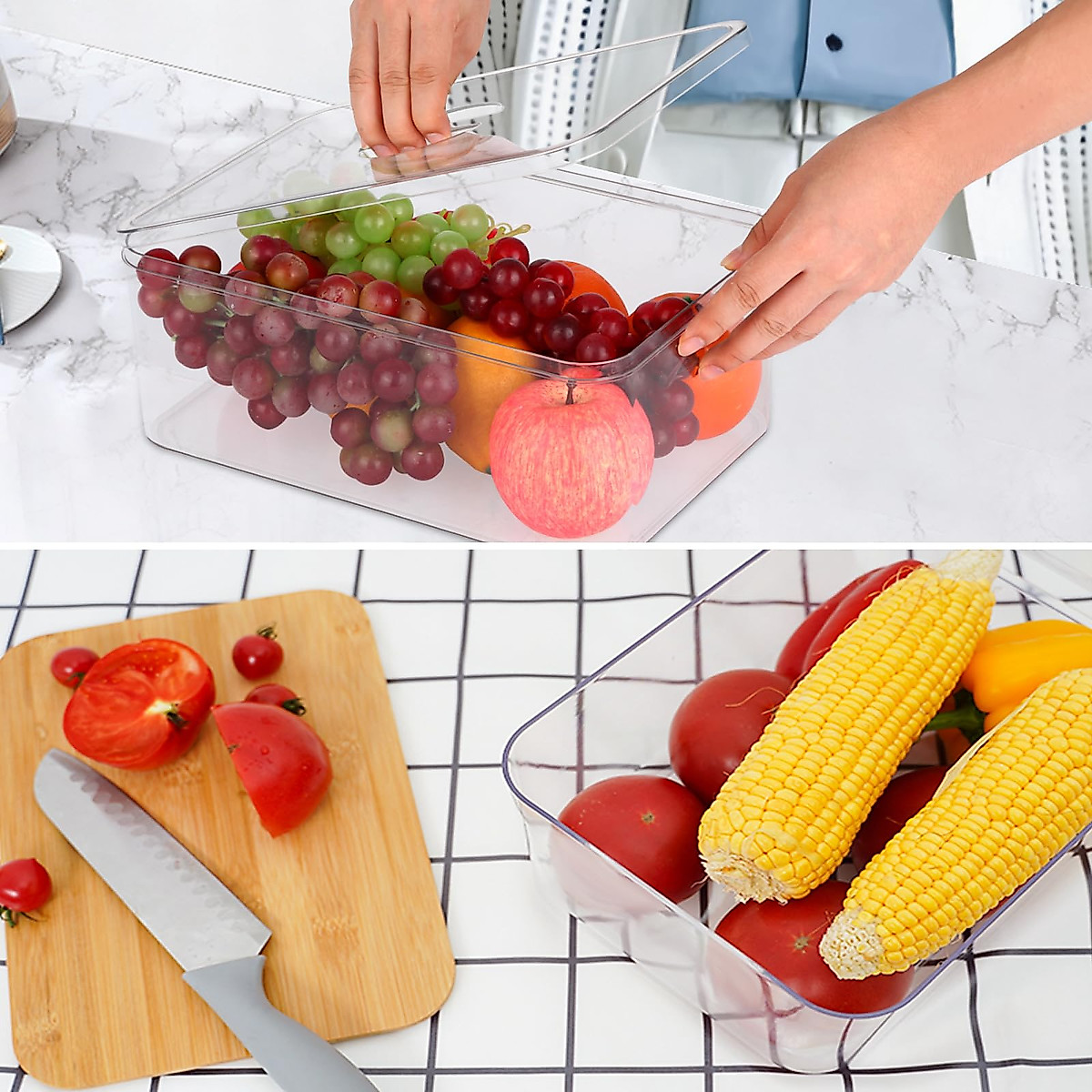 5 Pack Clear Plastic Storage Bins with Bamboo Lids, Stackable Storage Containers for Organizing Medicine Cabinet Organizer, Craft Room, Bread Box