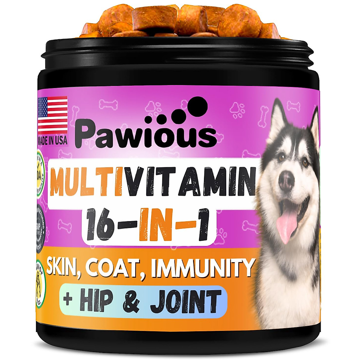 Dog Multivitamin Chewable with Glucosamine 16 in 1 - Dog Vitamins and Supplements - Hip and Joint Support Health - Immunity, Mobility - Gut, Skin, Heart, Coat