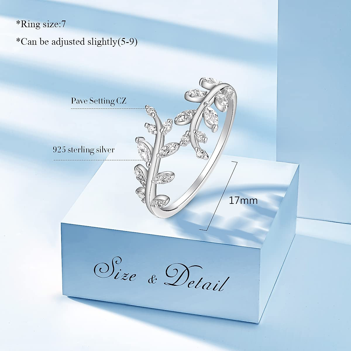 FOREVER QUEEN Olive Leaf Ring 925 Sterling Silver Adjustable Open Band Ring Fashion Rings for Women Wedding Engagement Anniversary Valentine's Day