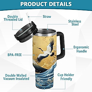 Flradish 40oz Tumbler with Handle, Grus Japonensis Stainless Steel Tumbler with Lid and Straws Double Wall Vacuum Insulated Leakproof Coffee Travel Mug