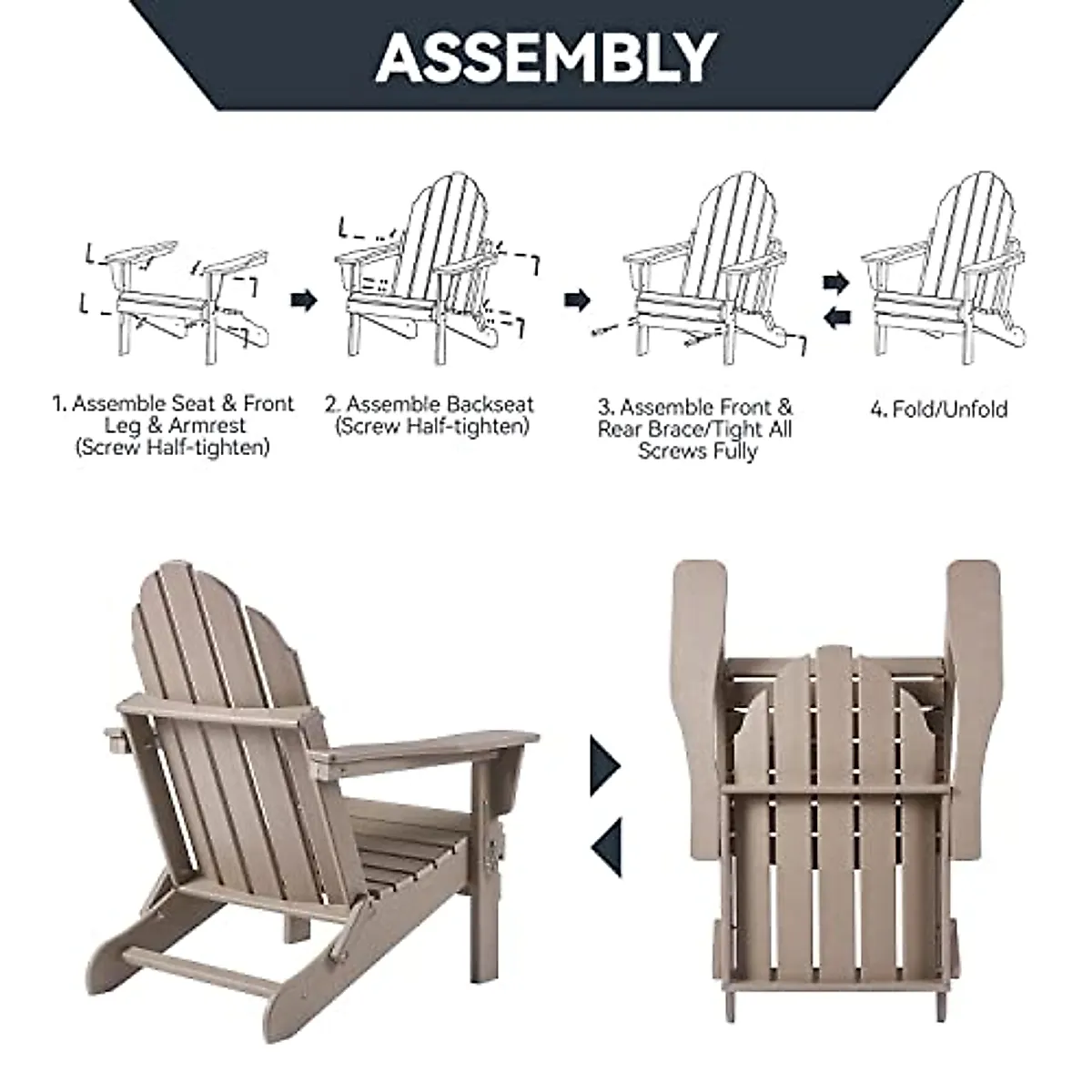 Classic Folding Adirondack Chair, Weather Resistant Patio Seating, Heavy Duty Poly Plastic Outdoor Chairs, Deck Fire Pit Garden Lawn Backyard Porch Chairs - Easy Assemble - Brown