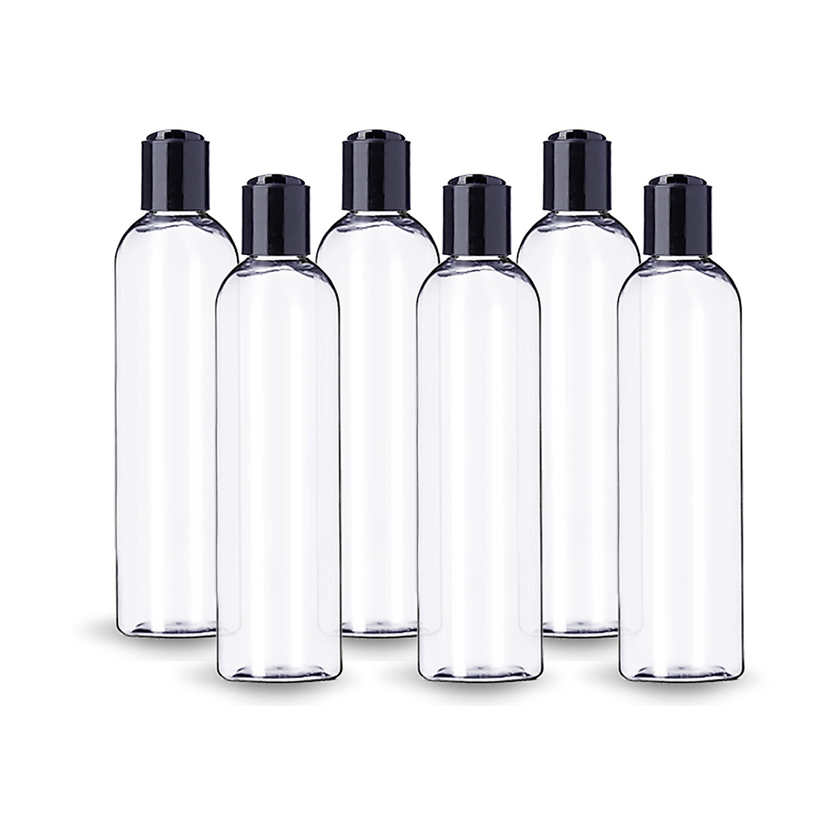 ljdeals 8 oz Clear Plastic Empty Bottles with Black Disc Top Caps, Refillable Containers for Shampoo, Lotions, Cream and More Pack of 6, BPA Free, Made in USA