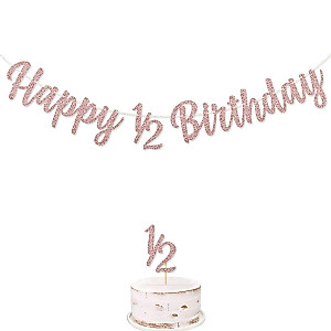 Happy 1/2 Birthday Banner Half Birthday Banner 6 Months Banner Pre-Strung 1/2 Half Year Cake Topper for Baby's 6 Months Half Year Birthday Party Decorations (Rose Gold)