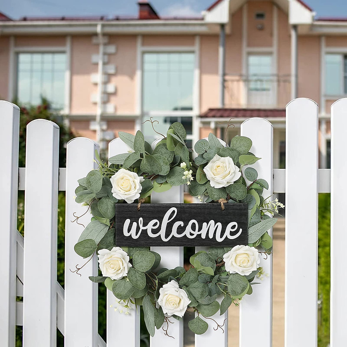 Dremisland Welcome Wreath for Front Door,18 Inch Artificial Rose Eucalyptus Leaves Wreath,Floral Garland Wreath for Window Garden Festival Celebration Wedding Home Decor (Black)