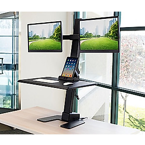 Mount-It! Electric Standing Desk Converter, Motorized Sit Stand Desk with Dual Monitor Mount and iPhone/Tablet Slot, Ergonomic Height Adjustable Workstation, Black (MI-7952)