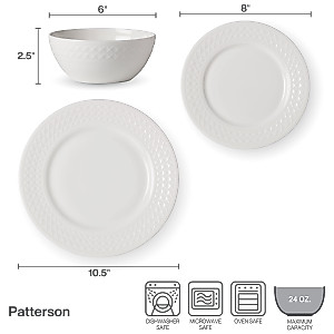 Mikasa Patterson Vegan Bone China Chip Resistant 12 Piece Dinnerware Set, White, Ashlyn, Service for 4