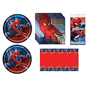 Unique Spiderman Party Supplies Bundle for 16 includes Plates, Napkins, Table Cover