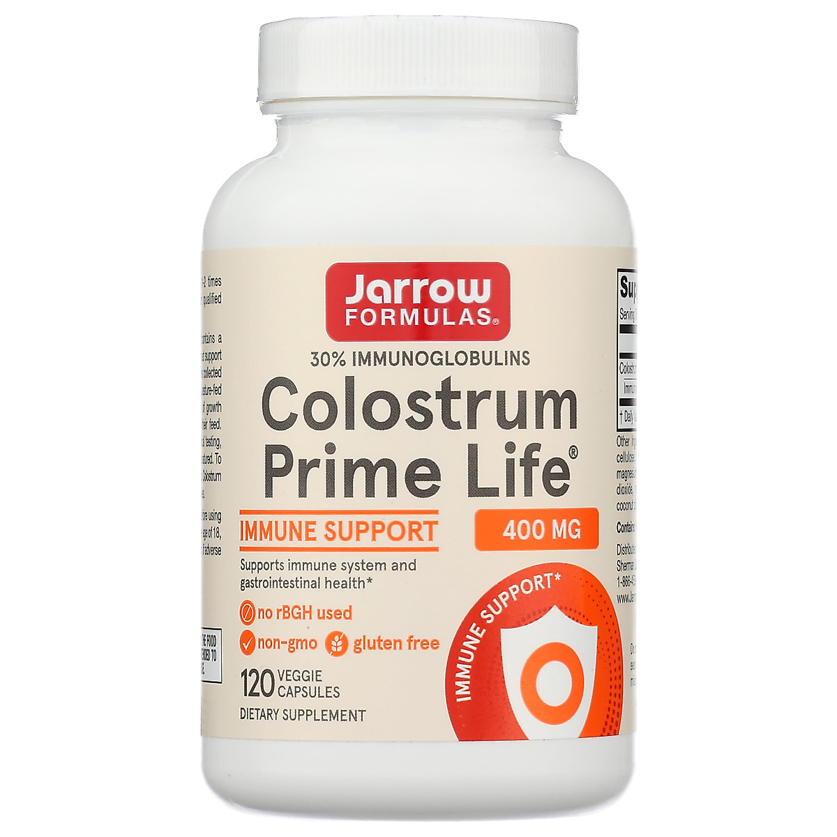 Jarrow Formulas Colostrum Prime Life 400 mg, Dietary Supplement, Immune and Gastrointestinal Support, 120 Capsules, 120 Day Supply