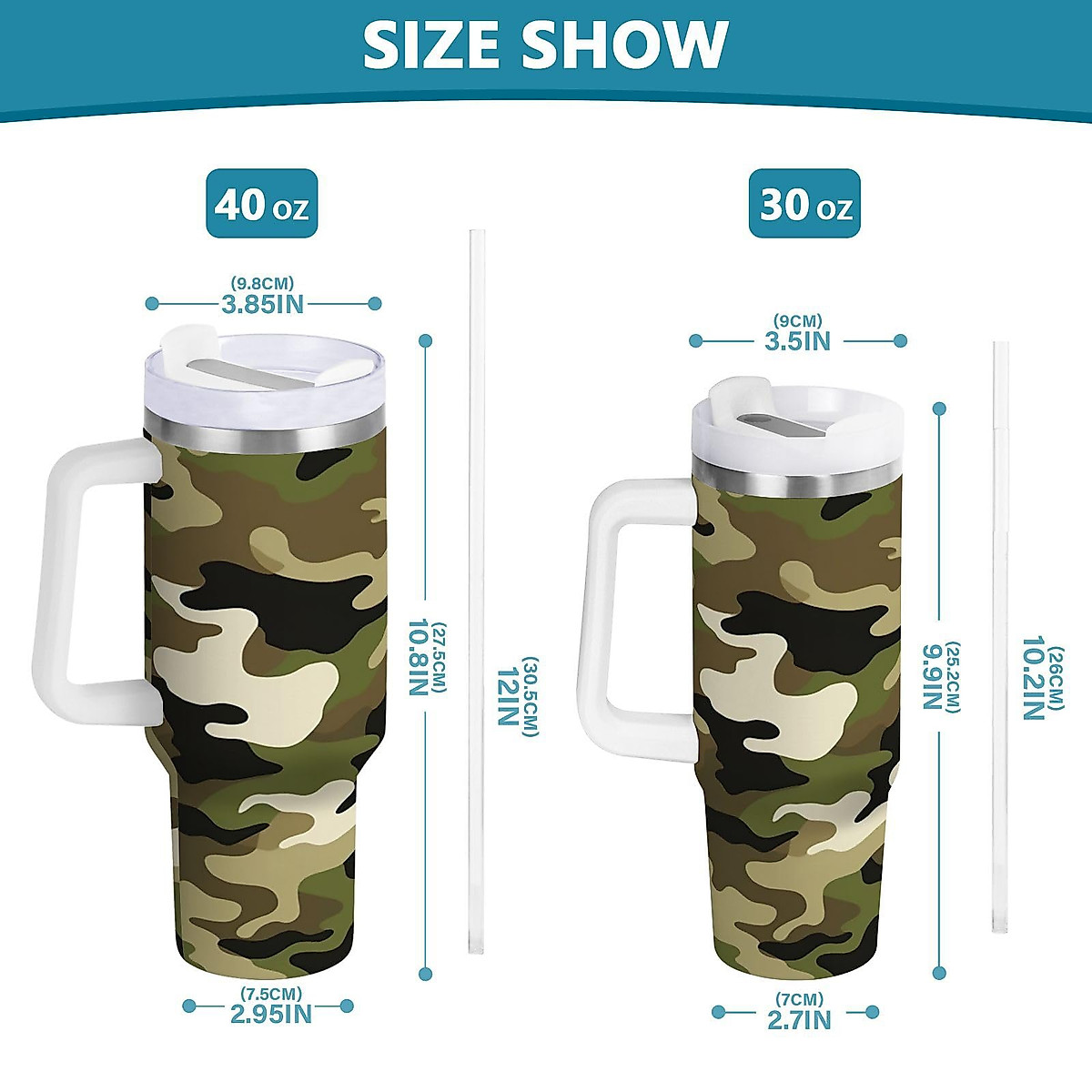 Jihqo Green Camouflage 40 oz Stainless Steel Vacuum Insulated Tumbler with Handle and Straw Lid, Leakproof Water Bottle Double Wall Travel Mug Coffee Cup, Cupholder Friendly