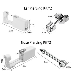 HELLWANG 2 Pack Nose Piercing + 2 Pack Ear Piercing Kit, Simple and Safe to Use, Great for Beginners (Silver)
