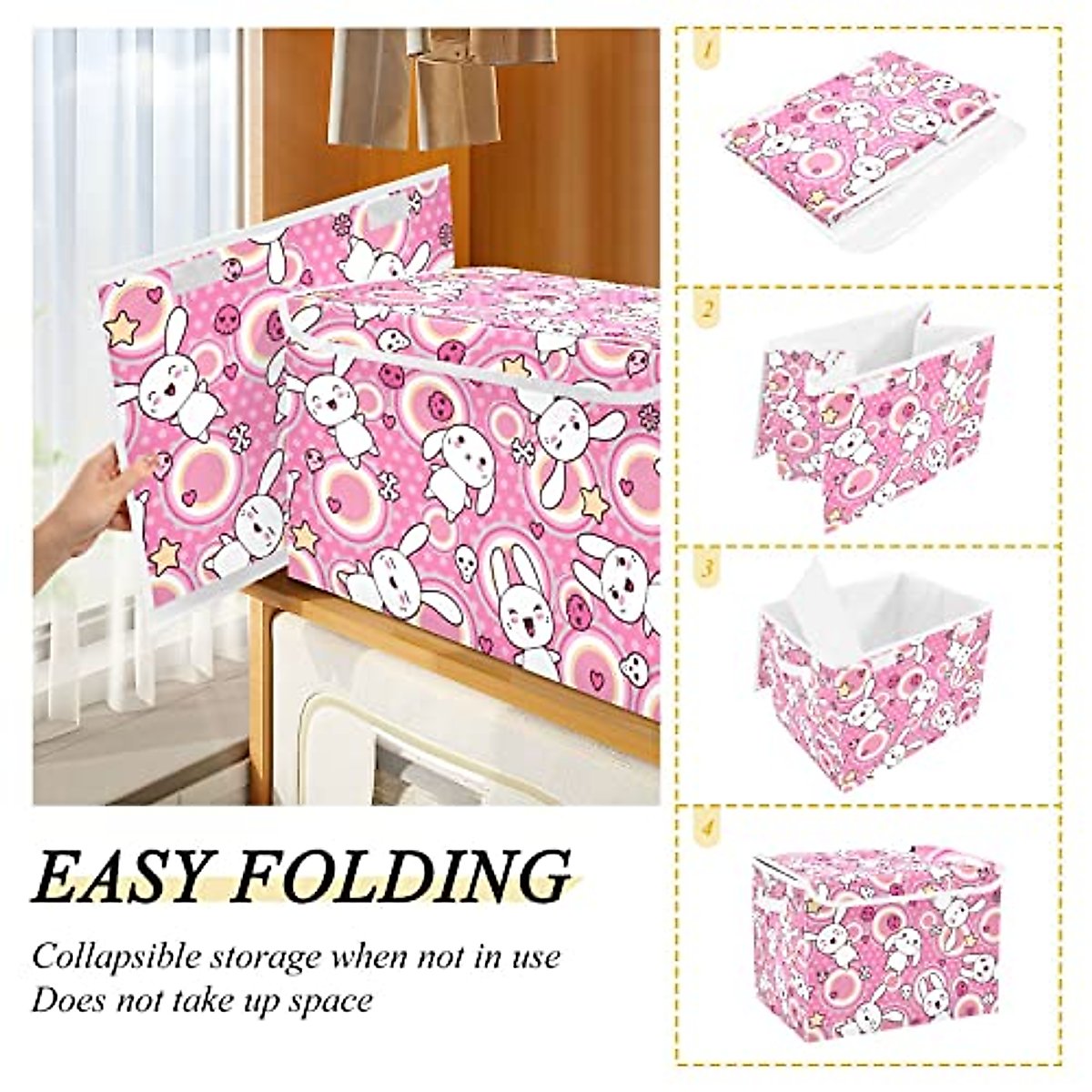 RunningBear Kawaii Rabbit Large Storage Bins with Lid Collapsible Storage Bin Storage Containers Foldable Fabric Storage Boxes for Home Office