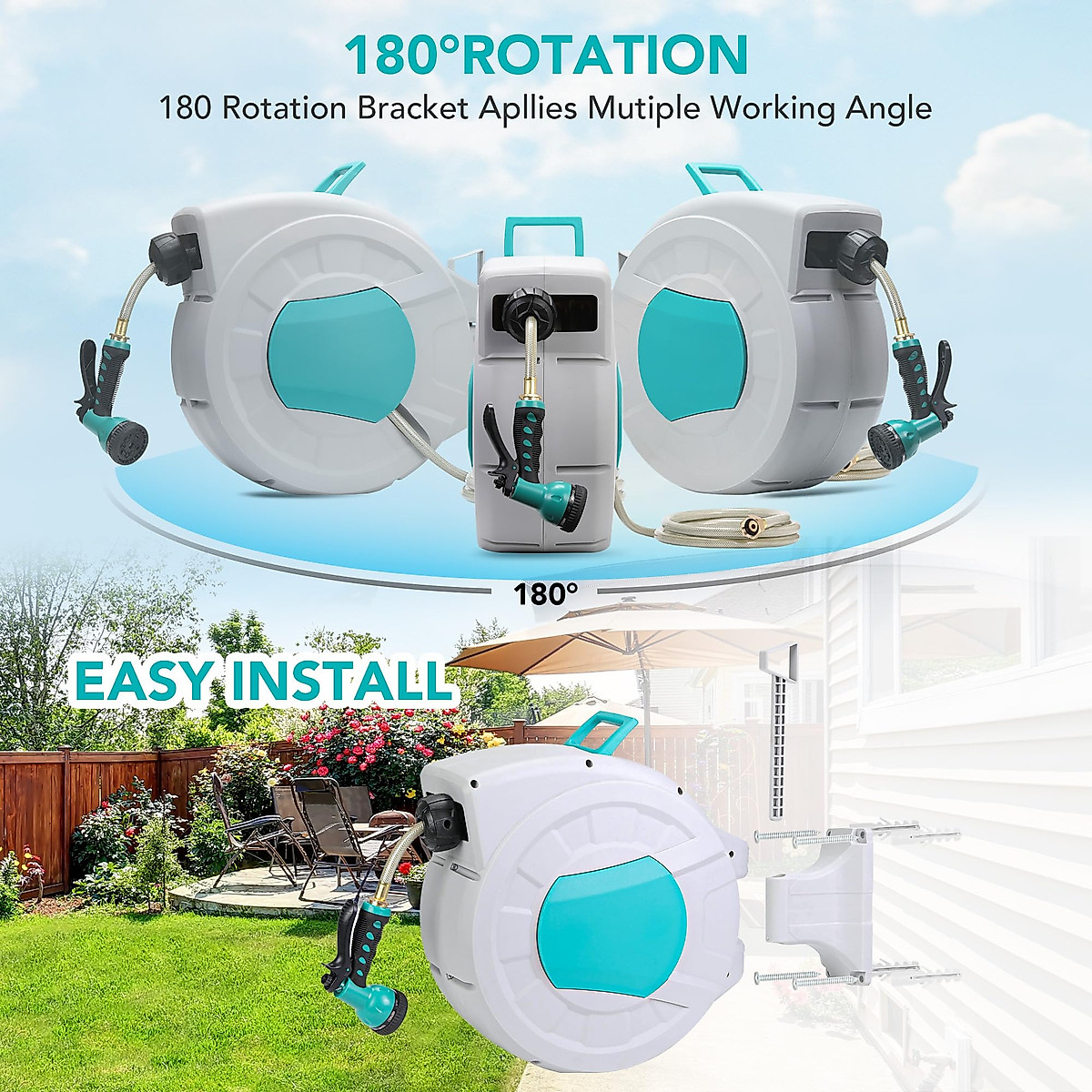 IDEALHOUSE Retractable Garden Hose Reel, 1/2 in x 100 ft Wall-mounted Hose Reel, with 9- Function Sprayer Nozzle, Any Length Lock/180° Swivel Bracket/Automatic Rewind/Slow Return System/Easy Watering