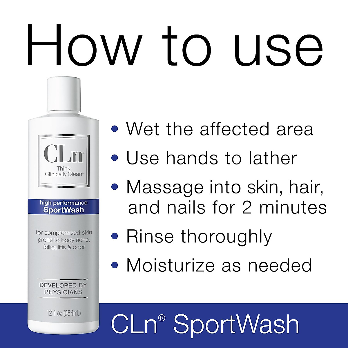 CLn® SportWash – High-Performance Sport Body Wash, For Men & Women Prone to Body Odor, Foot Odor, Ringworm, Folliculitis, & Back Acne, Fragrance-Free & Paraben-Free, 12 fl. oz.