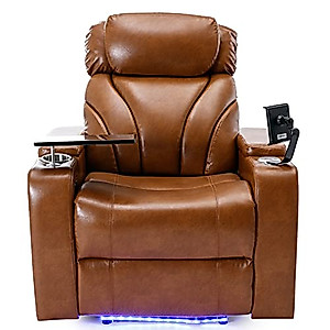 Leather Recliner Chair Power Electric Recliners with Cup Holder and Tray for Adults Theater Seating with USB Charging Port Single Reclining Chair with Hidden Arm Storage for Living Room, Light Brown