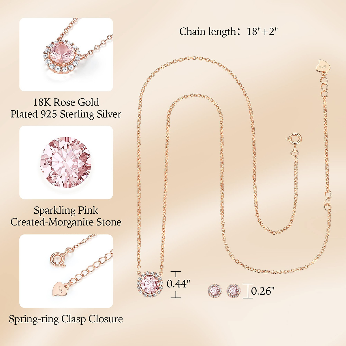 Gloffery 18K Rose Gold Created-Morganite Pendant Necklace for Women 925 Sterling Silver Round Solitaire Dainty Necklaces