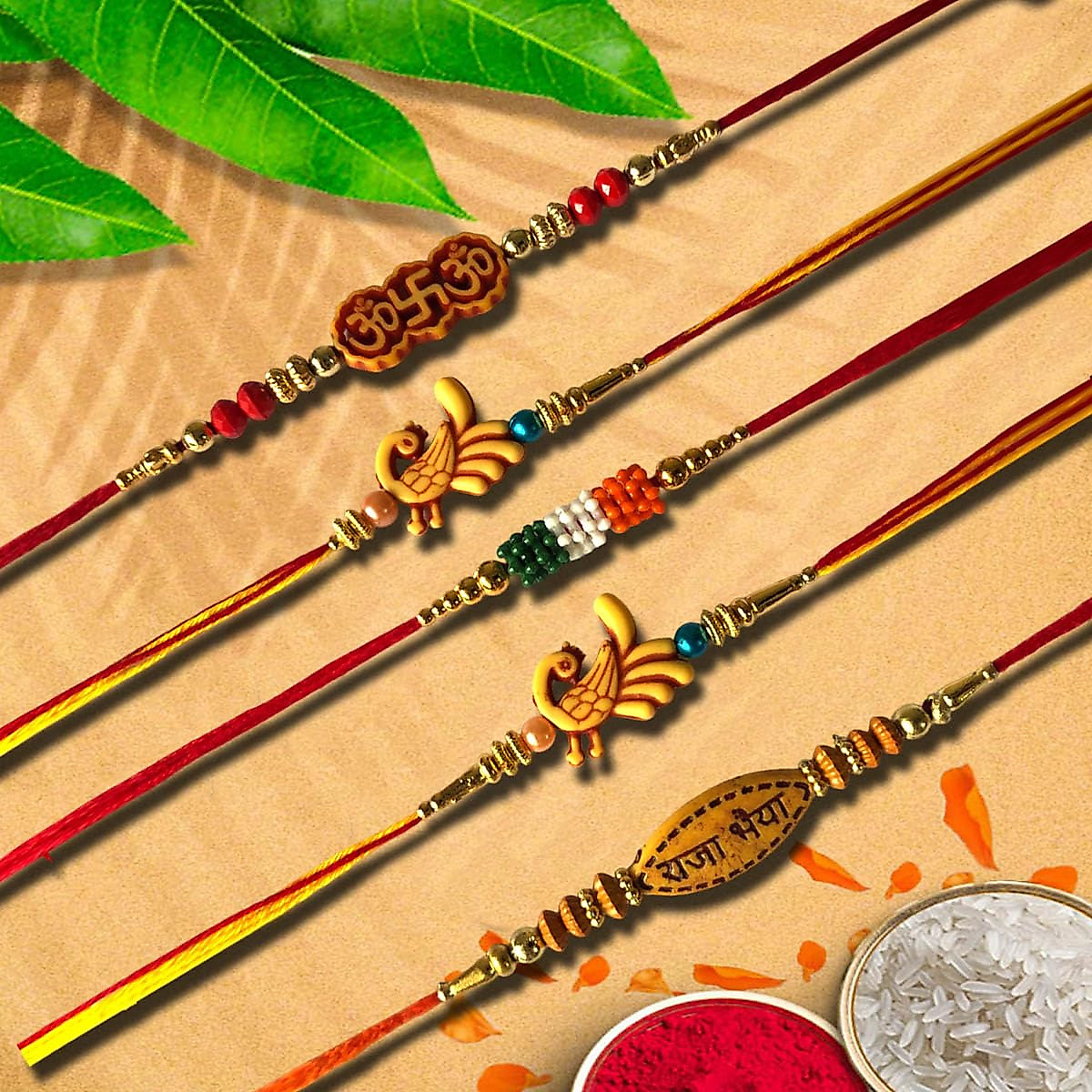 SWAMISP Set of 5 Rakhi Thread for Sweet Brother, Bhaiya, Sister, Bhabhi, Handmade Traditional Rakh Rakhi Bracelet for Brother Designer Rakhi Raksha bandhan Rakhi