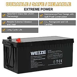 WEIZE AGM Group Size 4D Battery, 12 Volt 200Ah Deep Cycle Battery Perfect for RV, Caravan, Camping, Camper Trailers, Camper Vans, Motor-Homes, Marine, 4WDs & Off Grid Solar